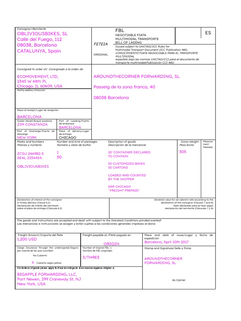 Modelo de Fiata Bill of Lading FBL PDF | PDF