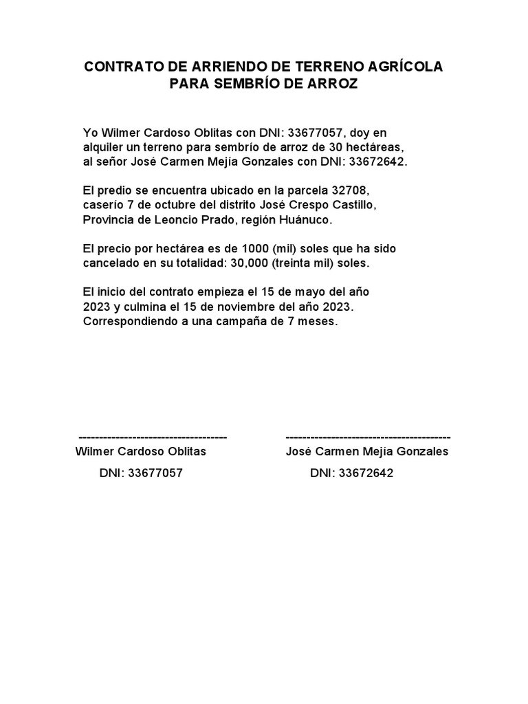 Contrato de Arriendo de Terreno Agrícola para Sembrío de Arroz | PDF