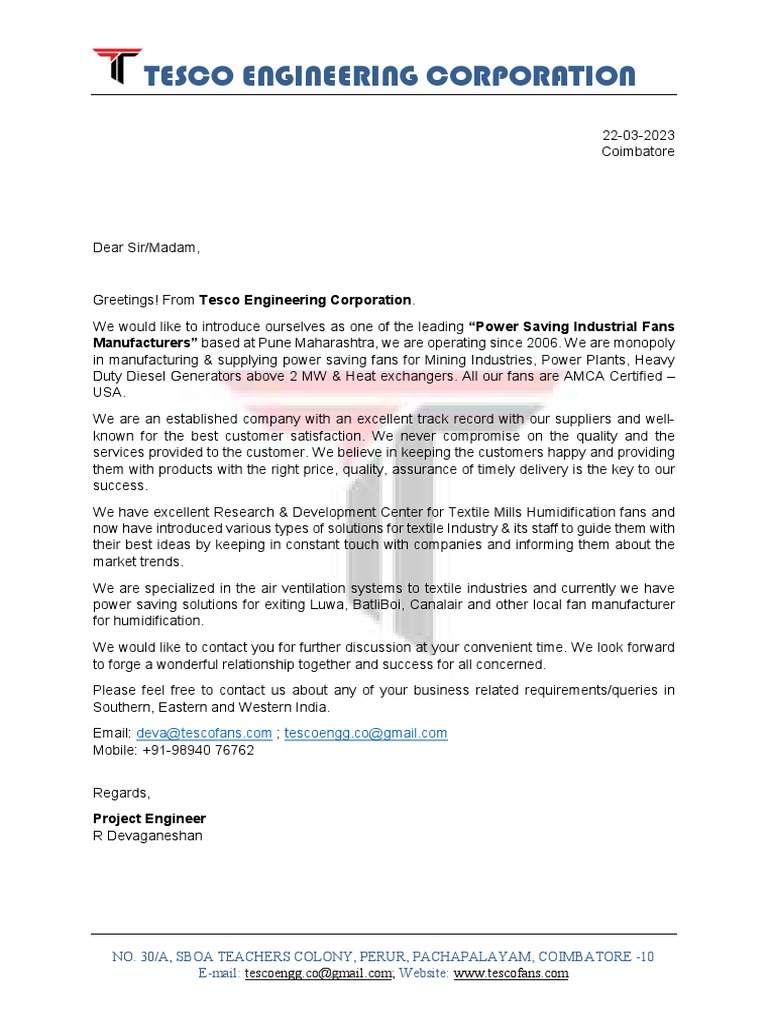 Introduction Letter TESCO FANS | PDF | Mechanical Engineering