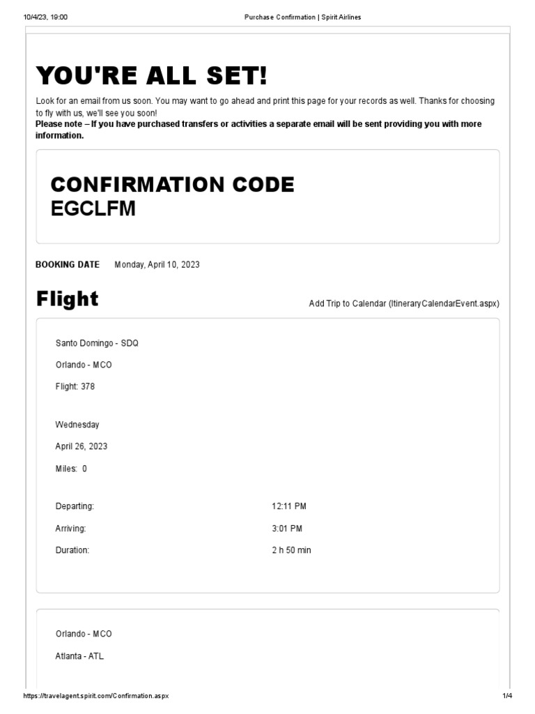 Purchase Confirmation - Spirit Airlines Prince PDF | PDF
