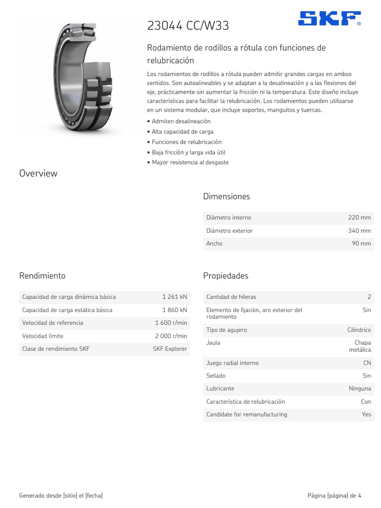SKF 23044 CC - W33 Specification PDF | PDF
