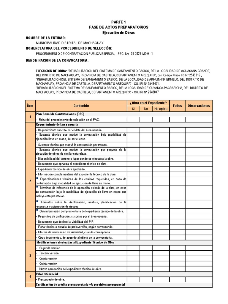 Checklist Expediente de Contratacion Ejecucion de Obras PDF | PDF | Presupuesto
