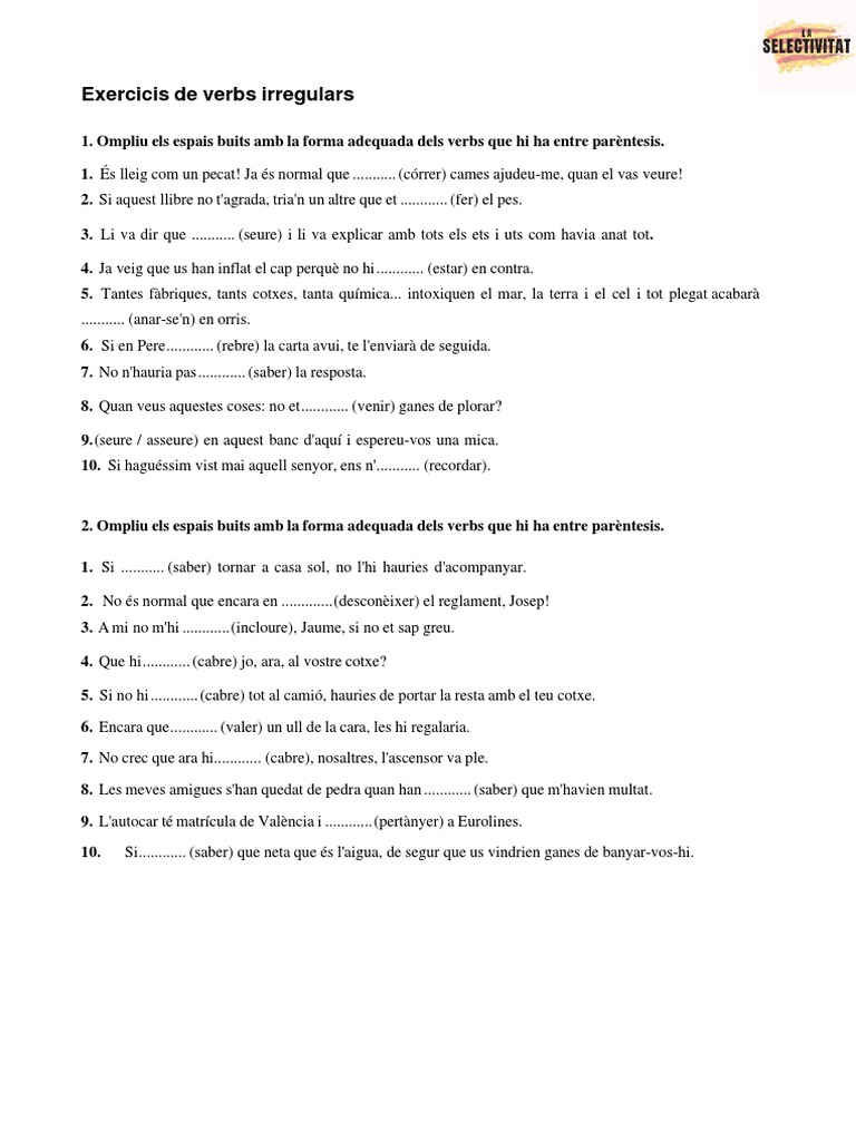 Verbs Irregulars Exercicis Pdf Pdf