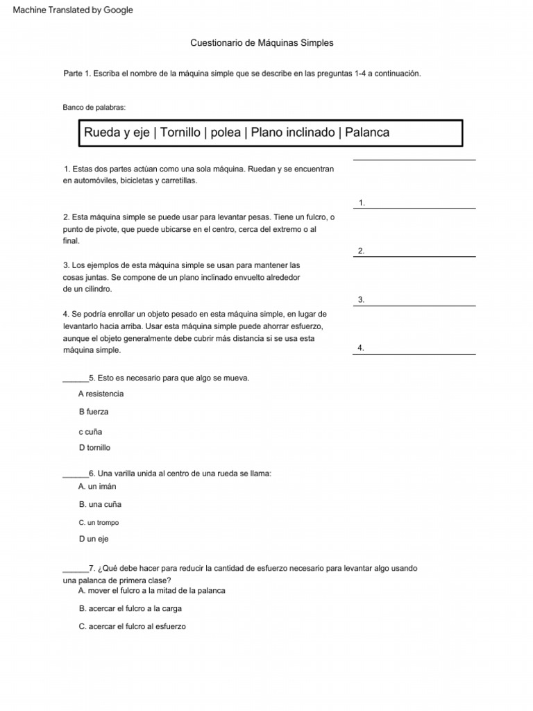 Simple Machines Quiz | PDF | Máquinas | Palanca