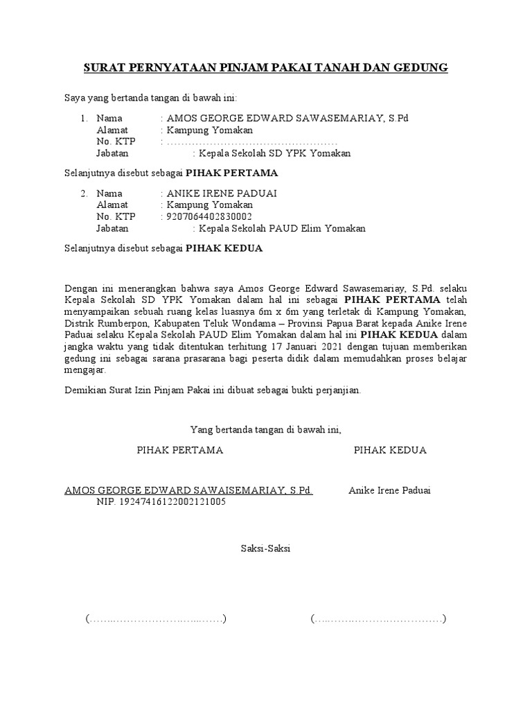 Surat Pernyataan Pinjam Pakai Tanah Dan Gedung | PDF