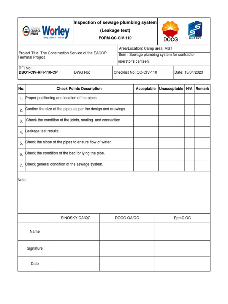 Checklist No. 110 For Plumbing System PDF | PDF