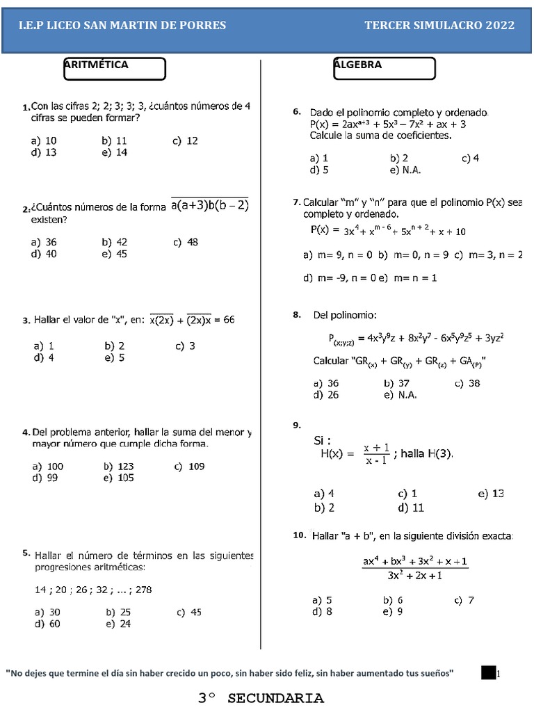 Simulacro 3º Secundaria 2022 | PDF