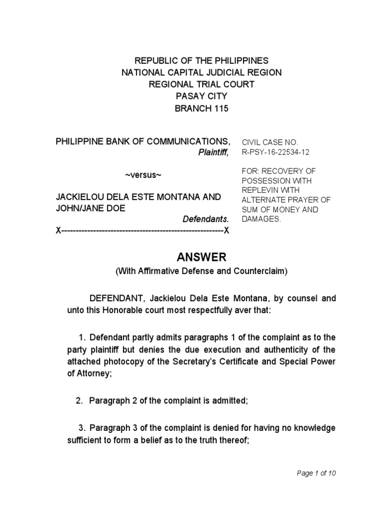 ANSWER REPLEVIN RECOVERY OF POSSESSION Jackielou Dela Este (3).docx ...