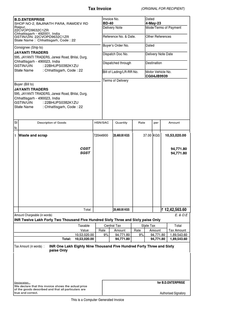 Tax Invoice for Waste and Scrap | PDF
