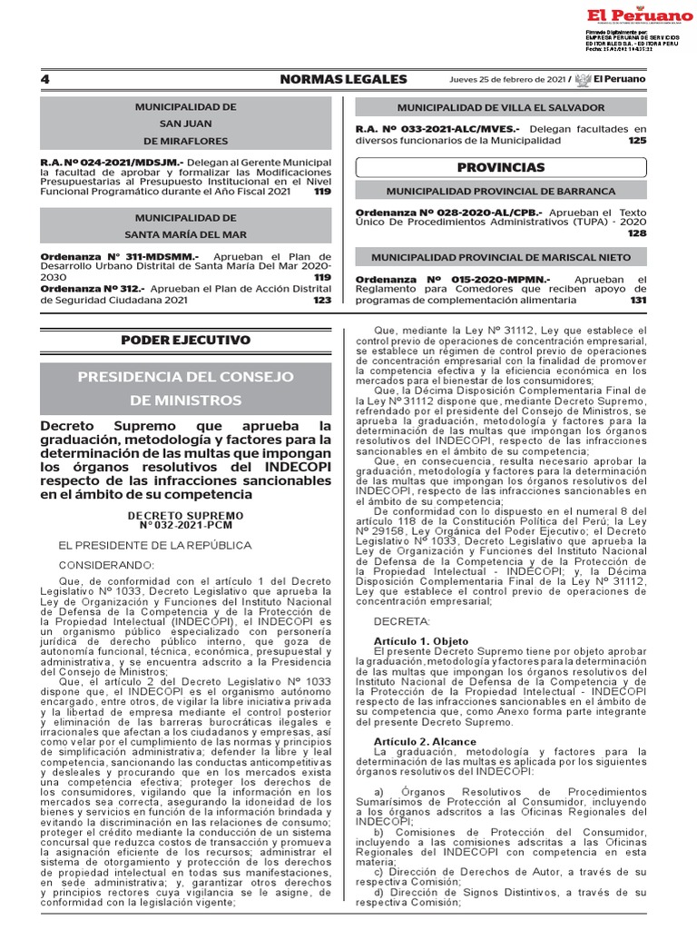 Decreto Supremo #032-2021-PCM PDF | PDF | Multa (pena) | Protección al Consumidor