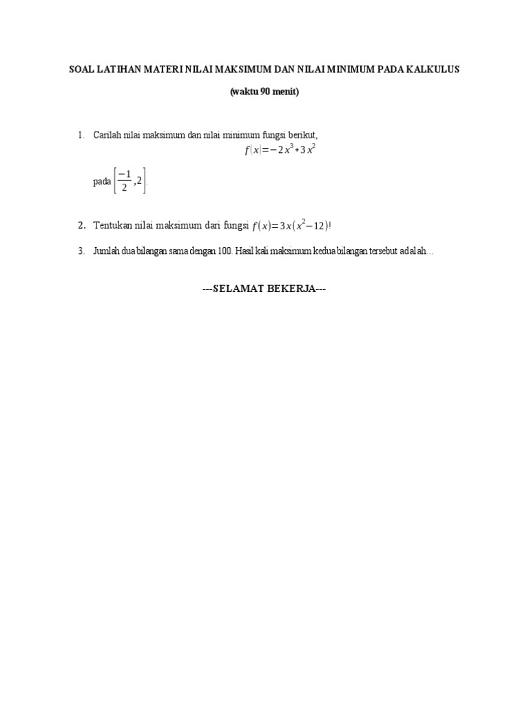 Soal Latihan Materi Nilai Maksimum Dan Nilai Minimum Pada Kalkulus | PDF