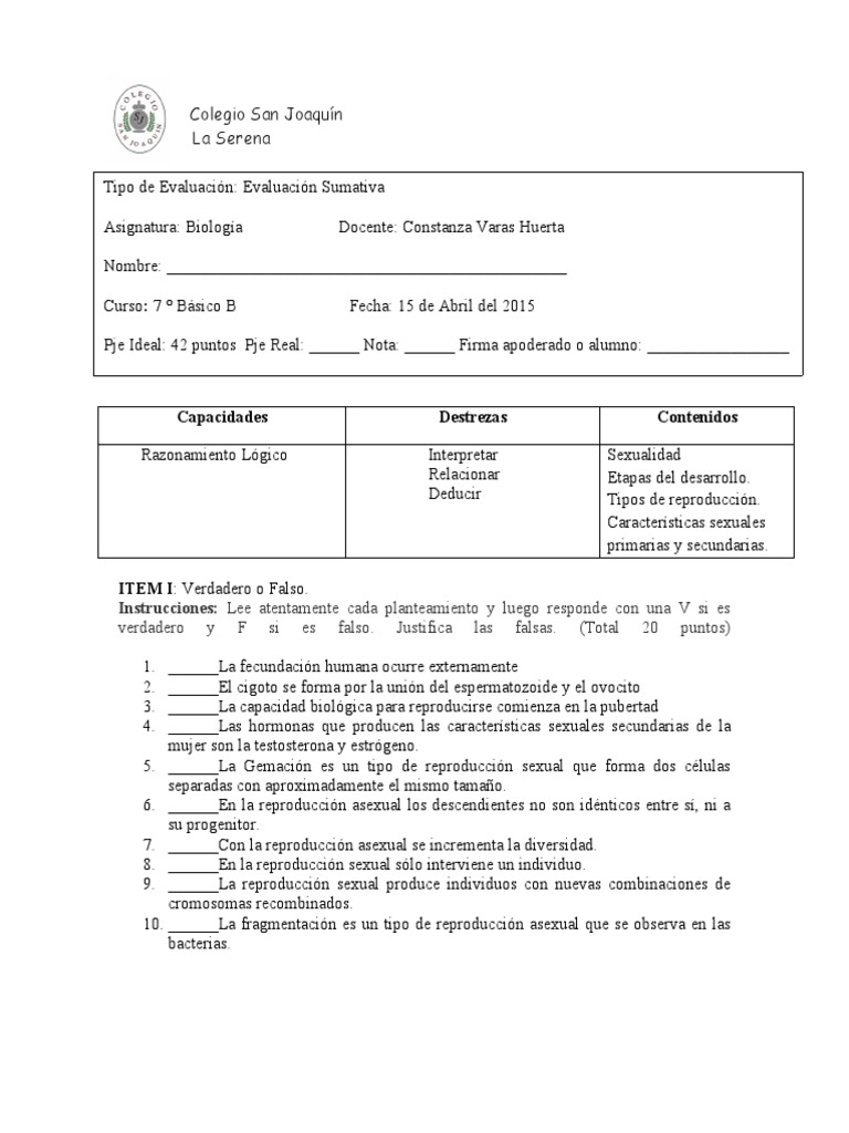Prueba Septimo B Biología | PDF
