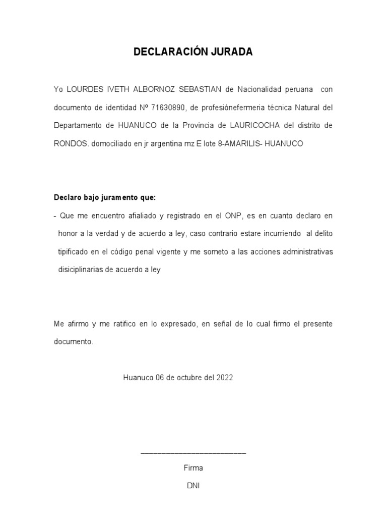 Declaración jurada de identidad y afiliación al ONP de Lourdes Iveth Albornoz Sebastián | PDF