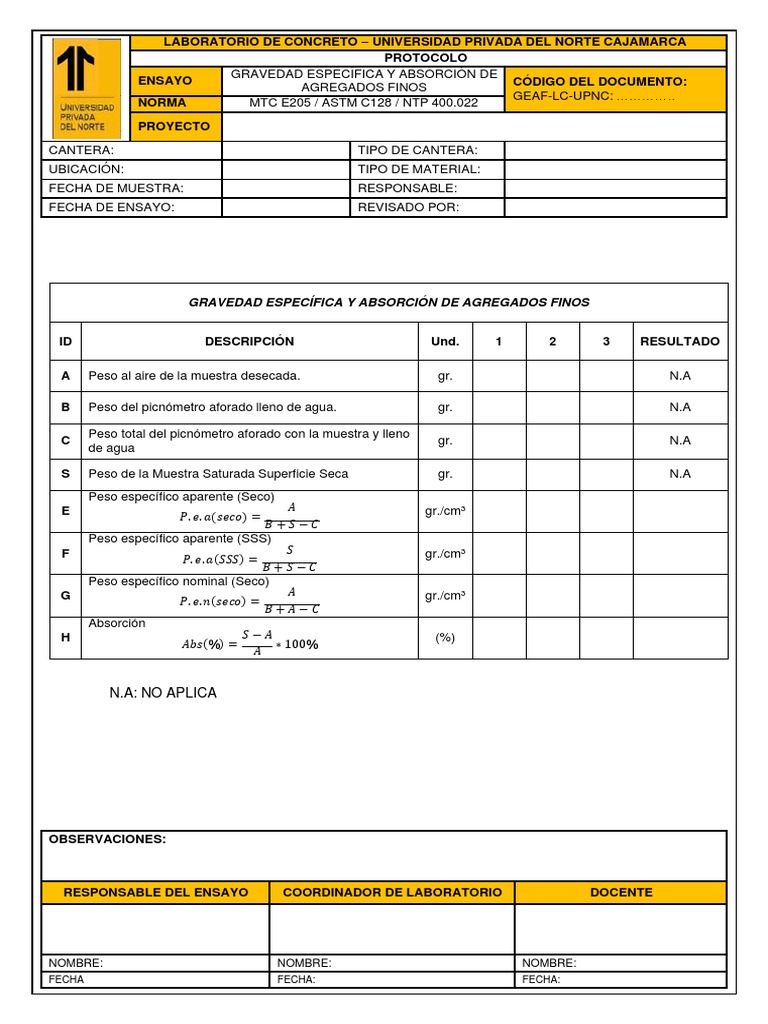 Protocolo Gravedad Específica y Absorción de Agregados Finos PDF | PDF | Science