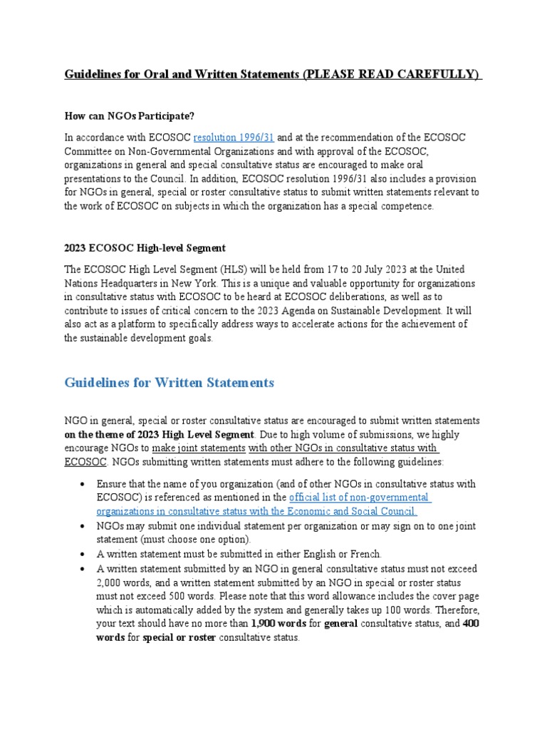 2023 ECOSOC HLS Open Call - Guidelines For Oral and Written Statements | PDF | Non Governmental ...