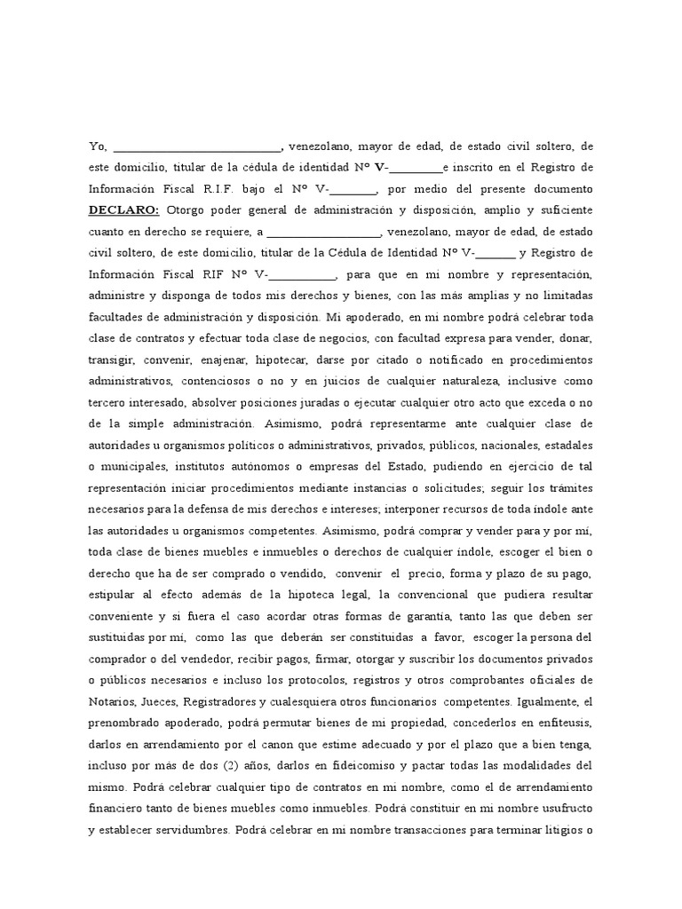 Declaración de poder general de administración y disposición | PDF ...