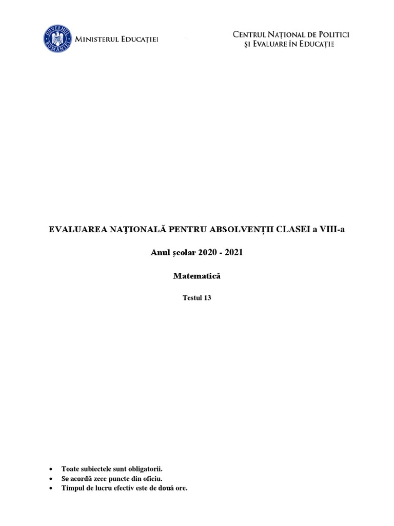 En VIII 2021 Matematica Test 13 Maghiara | PDF