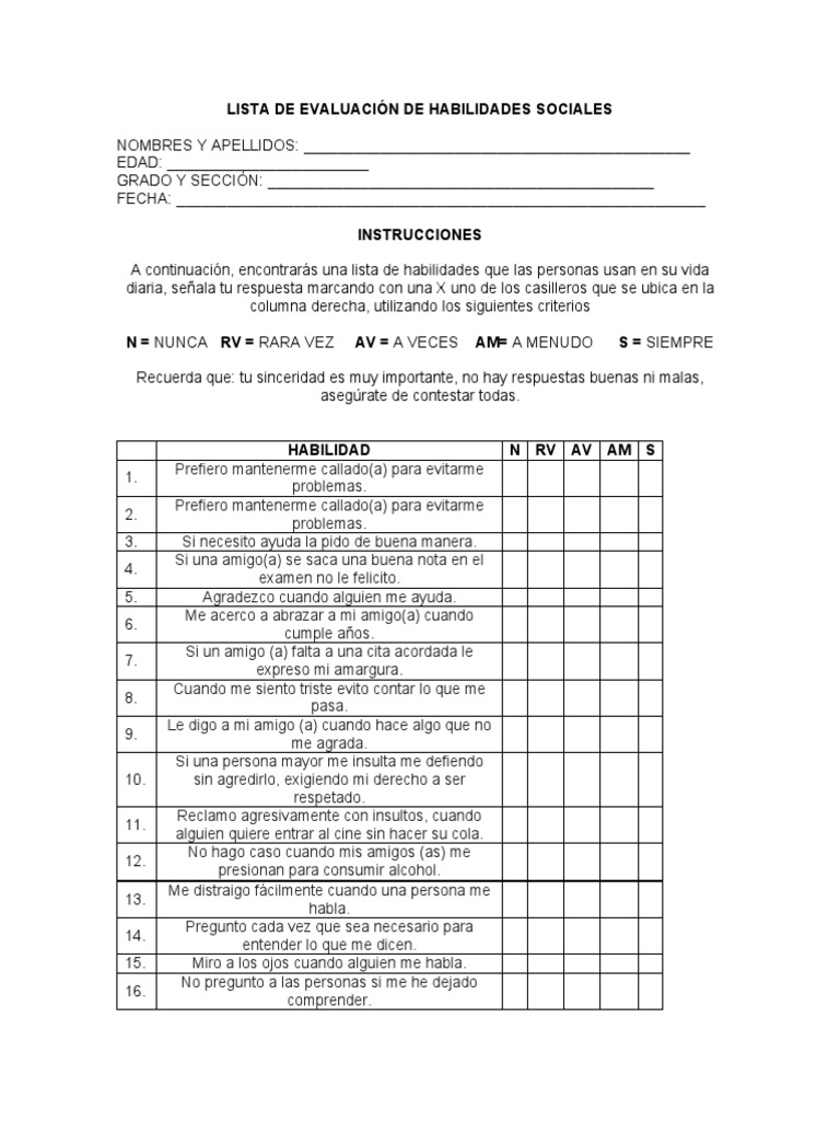 Lista de Evaluación de Habilidades Sociales | PDF
