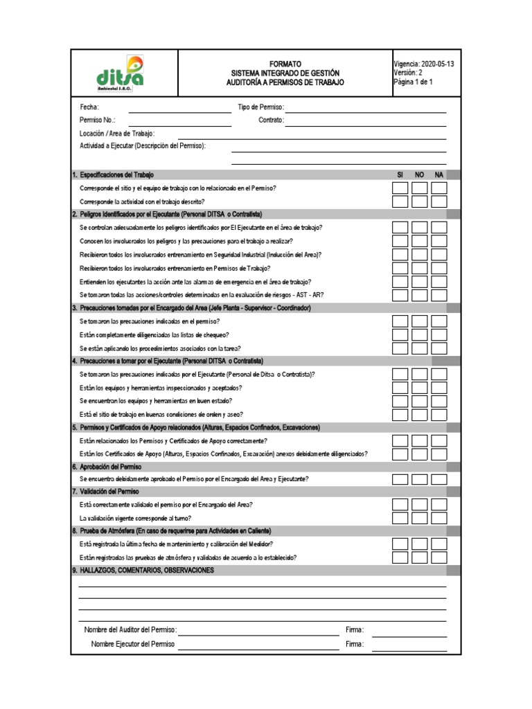Formato Auditorias Permisos de Trabajo Ditsa V.1 | PDF