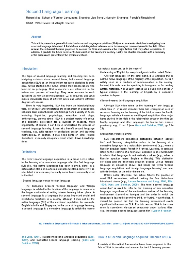 2015 - Miao, Ruqin - Second Language Learning | PDF | Second Language Acquisition | Second Language