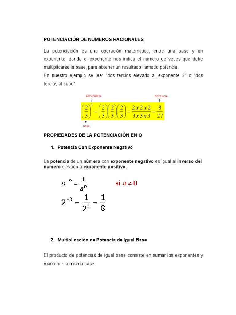 Potenciación de Números Racionales | PDF