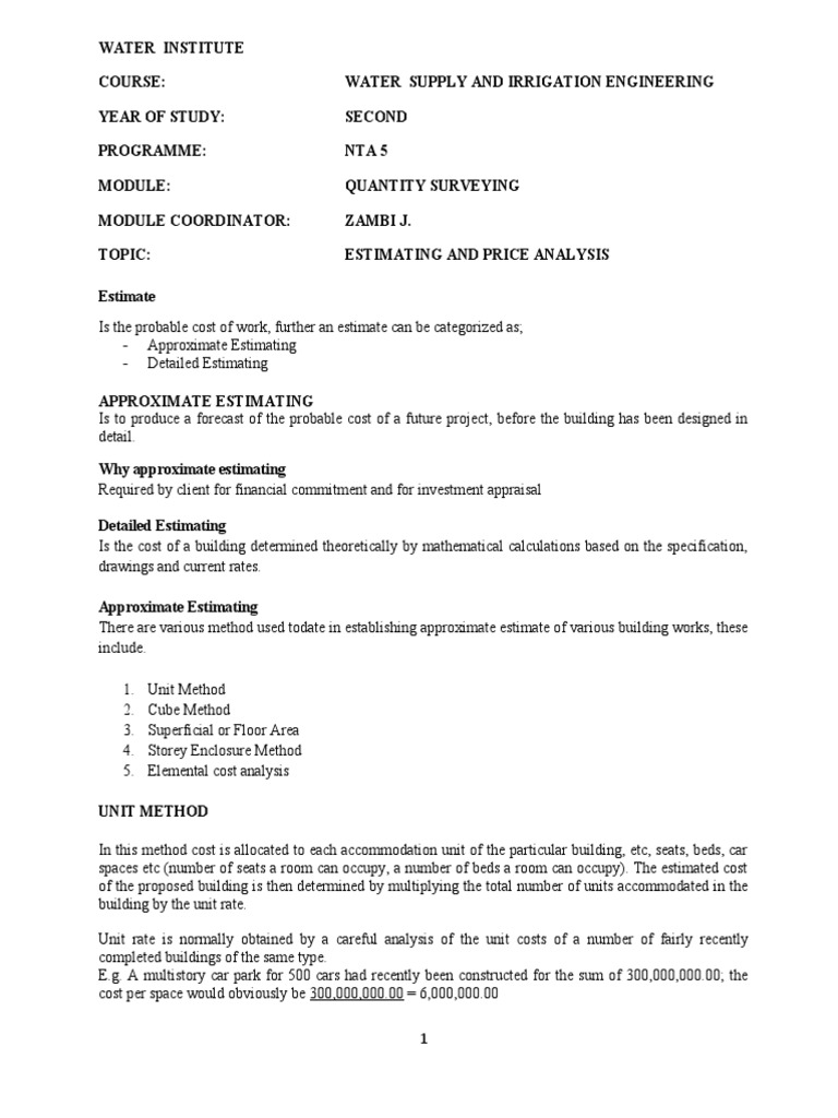 Estimating and Price Analysis Qs Water Development and Management ...