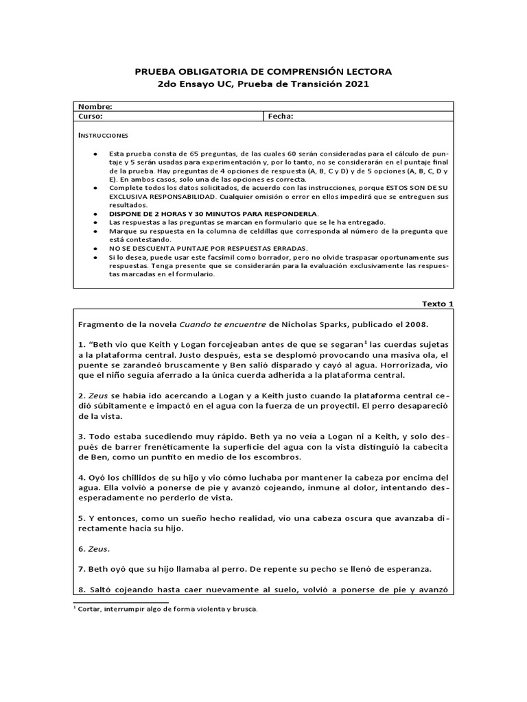 Prueba Obligatoria de Comprensión Lectora - 2do Ensayo UC, Prueba de ...
