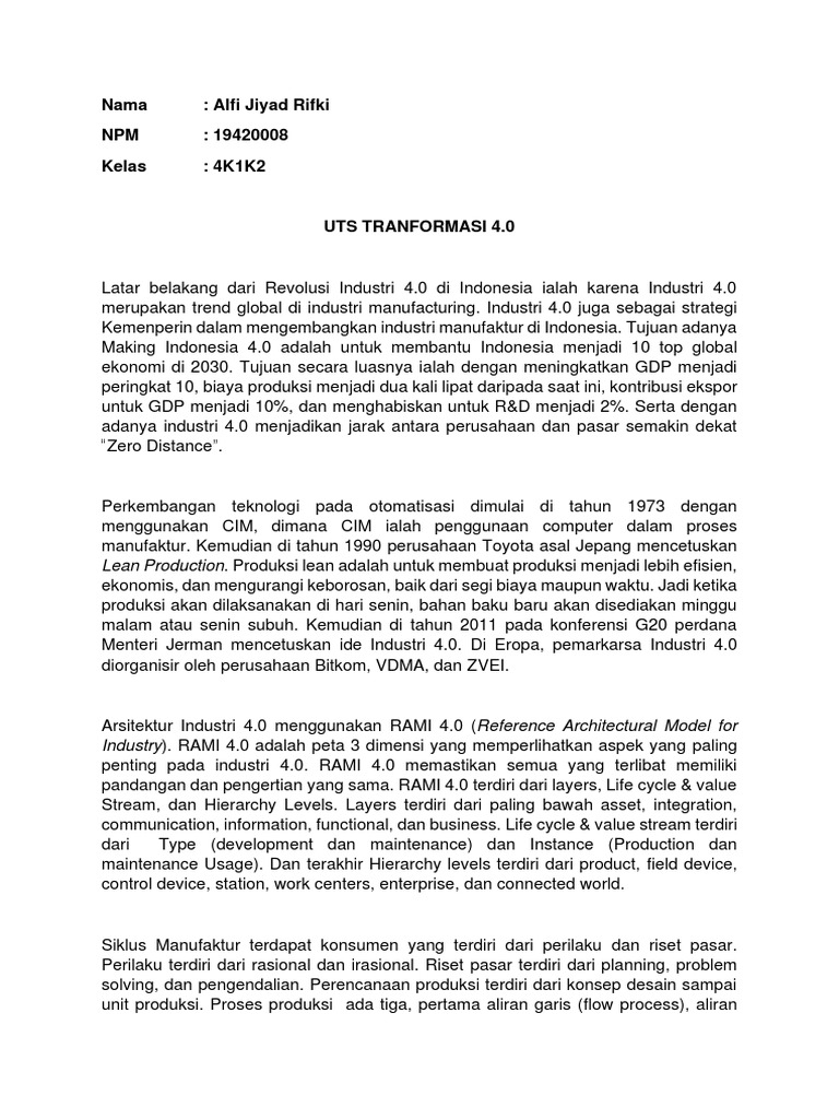 Alfi Jiyad Rifki - 4K1K2 - Uts Transformasi 4.0 PDF | PDF
