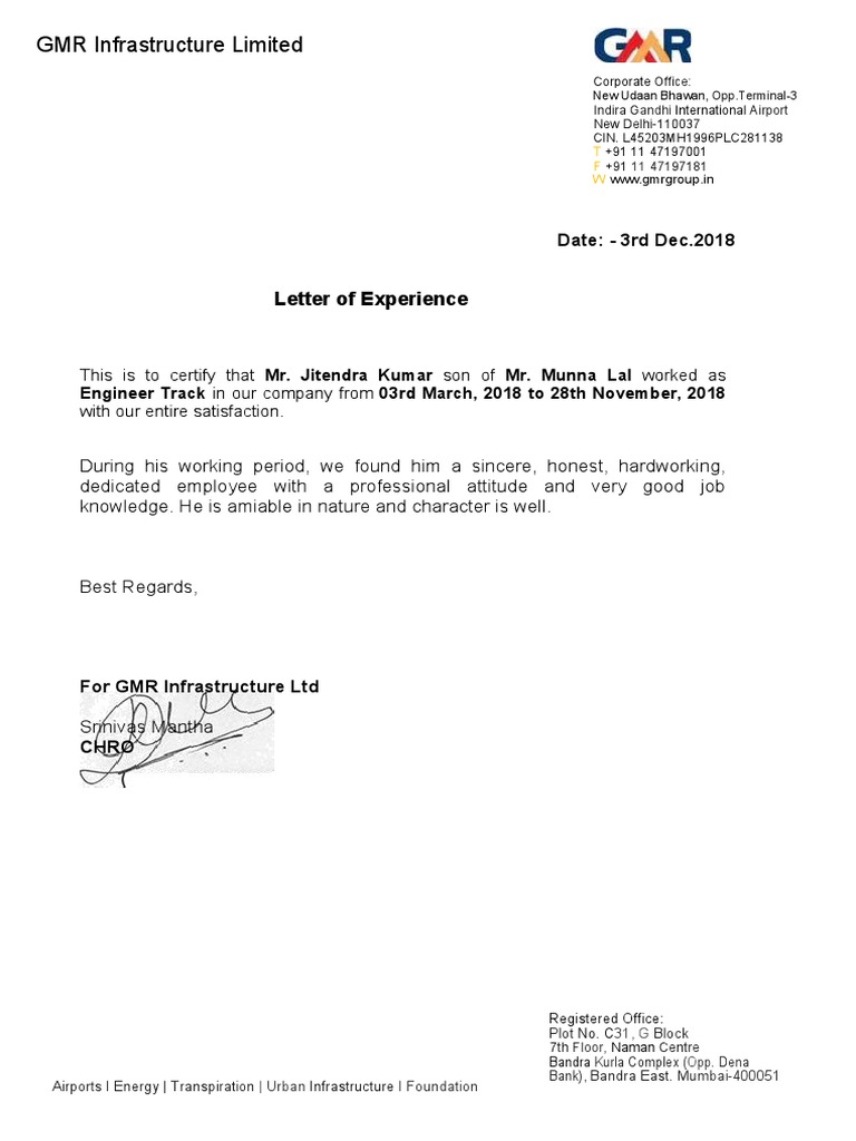 GMR Infrastructure Experience Certificate | PDF