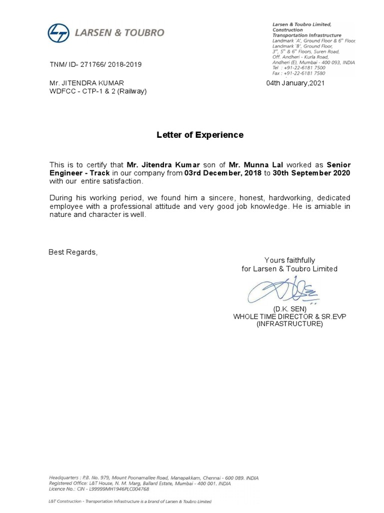 L&T Experience Certificate for Jitendra Kumar | PDF