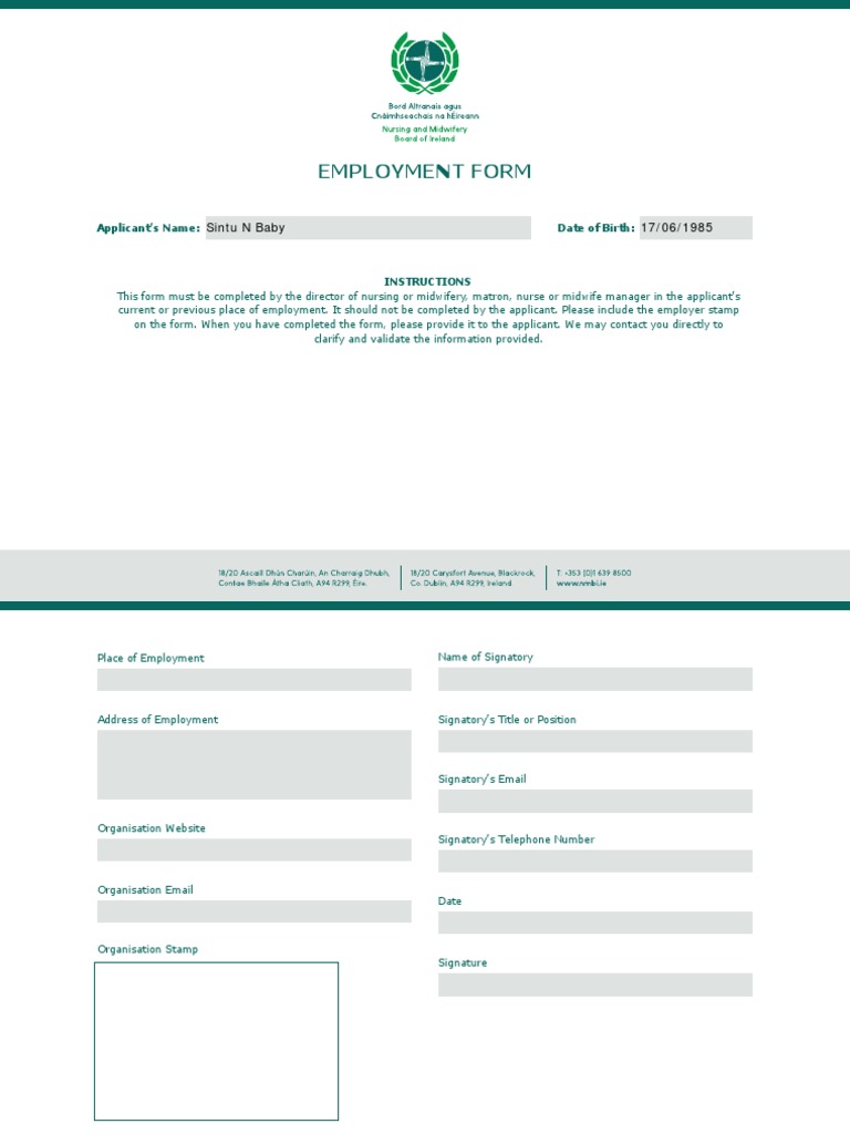 Employment Form NMBI SGH | PDF | Childbirth | Pregnancy