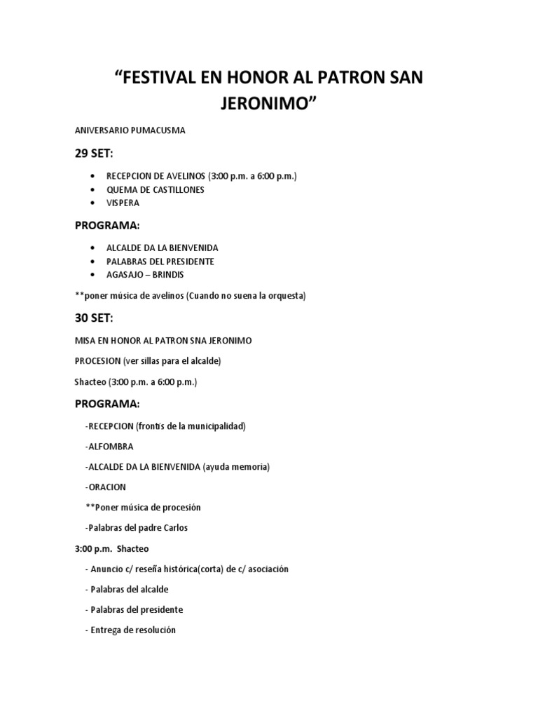 Festival en Honor Al Patron San Jeronimo | PDF