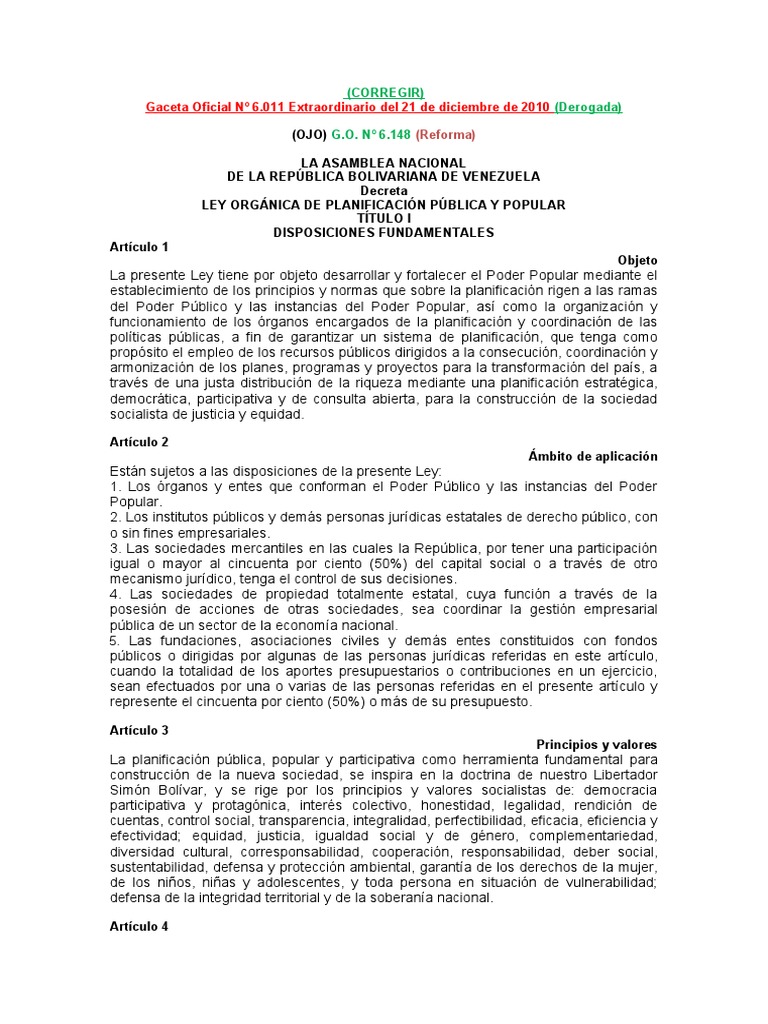 Ley Orgánica de Planificación Publica y Popular | PDF | Planificación | Presupuesto