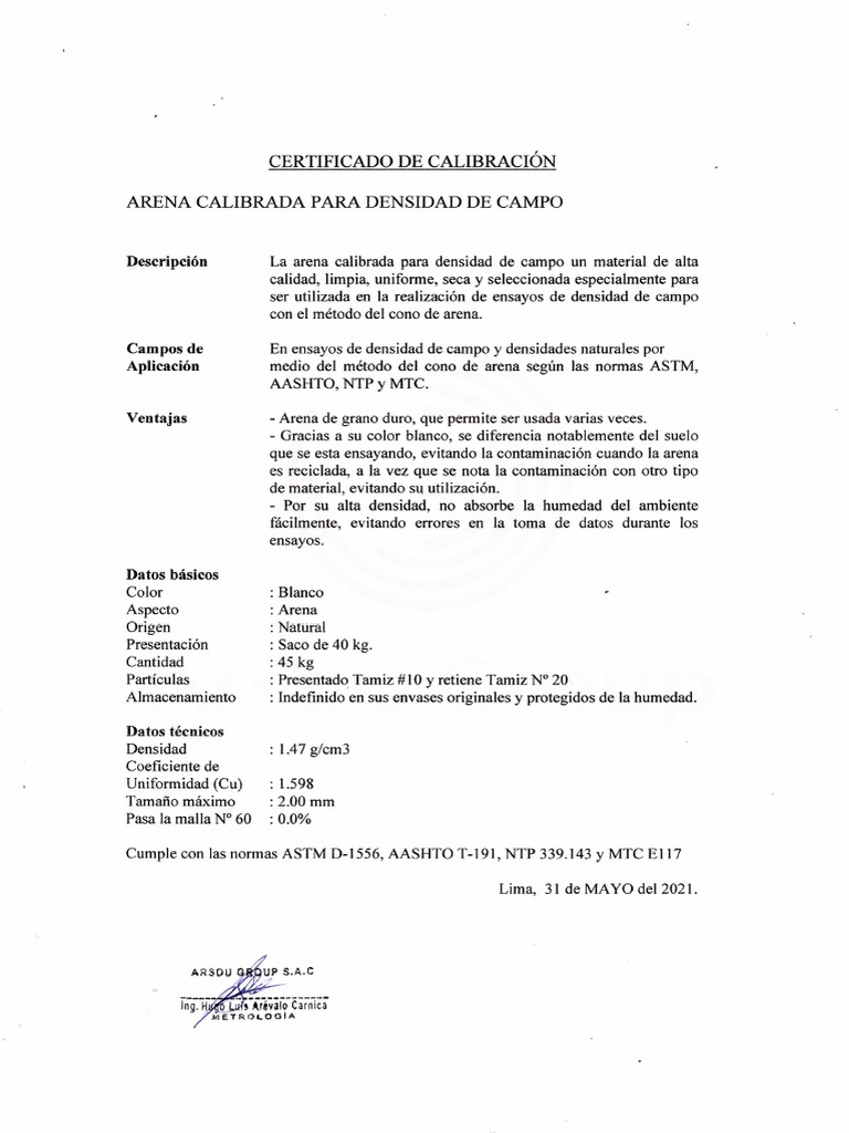 Certificado Calibración de Arena PDF | PDF
