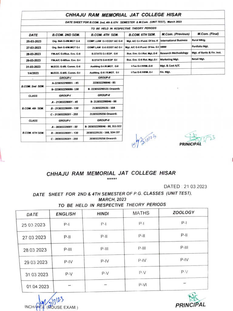 Jat College Hisar Exam Date Sheet 2023 | PDF