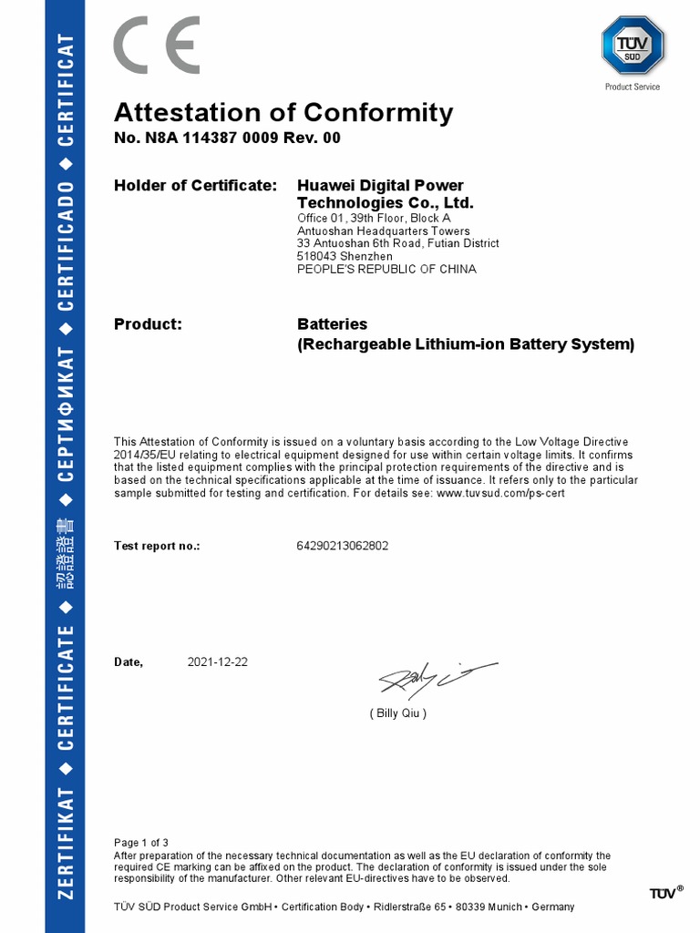 CE Certification for Huawei Battery Systems | PDF