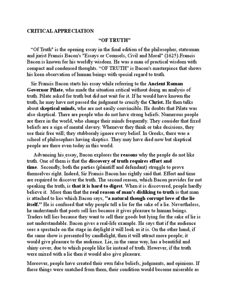 Critical Appreciation of Bacon's "Of Truth" | PDF