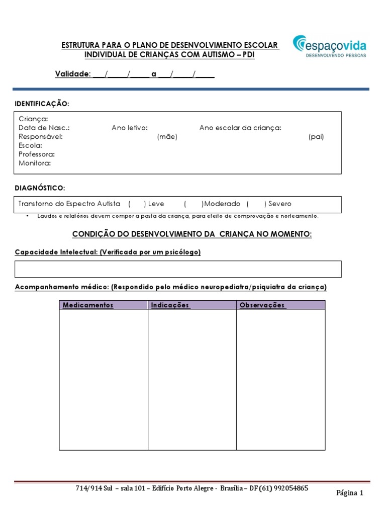 Avaliação Plano Desenvolvimento Escolar Individual PDI Autismo | PDF