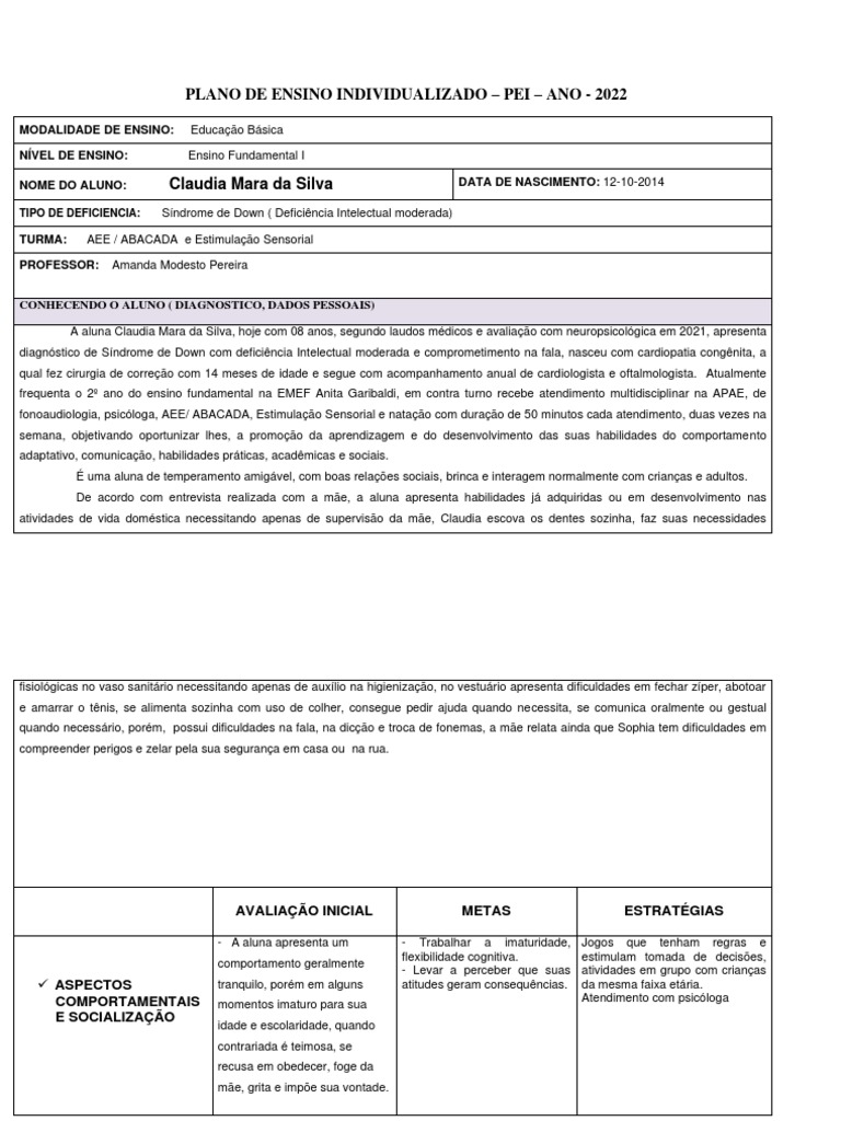 Pei Modelo PDF | PDF | Síndrome de Down | Deficiência intelectual