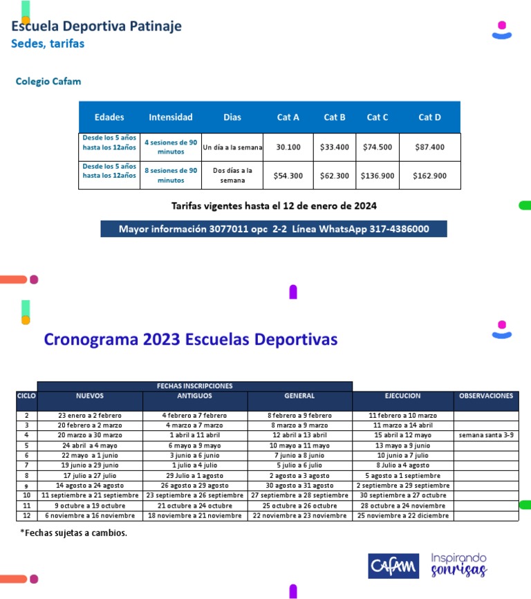 Tarifas Escuelas Deportivas Cafam 2025 | PDF