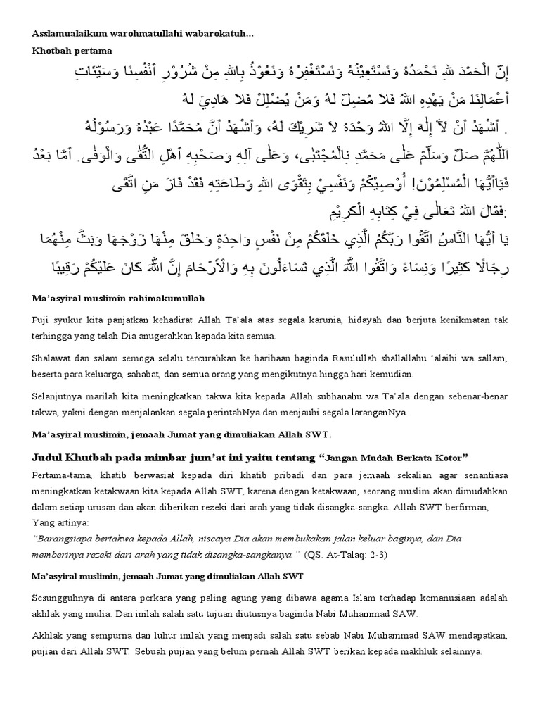 Khutbah Jumat Jangan Mudah Berkata Kotor | PDF
