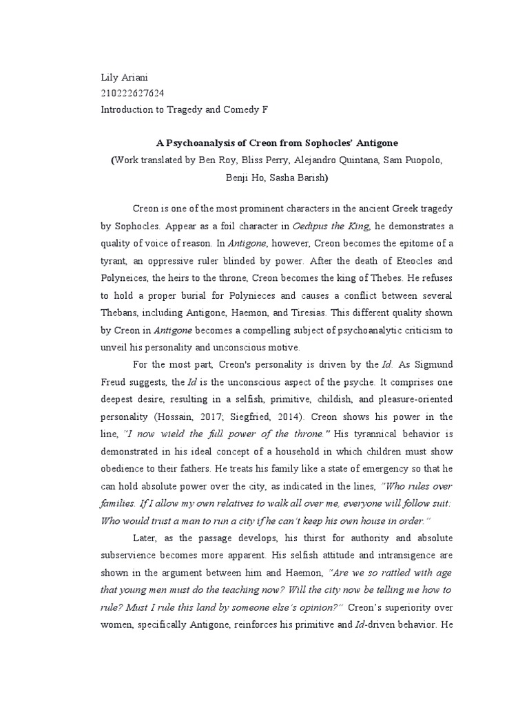 A Psychoanalysis of Creon From Sophocles' Antigone | PDF | Psychology ...