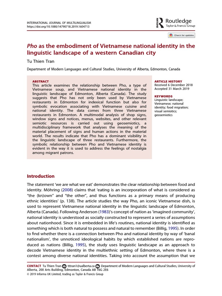 TU THIEN TRAN. Pho and Identity in Canada - April 19 PDF | PDF | Semiotics