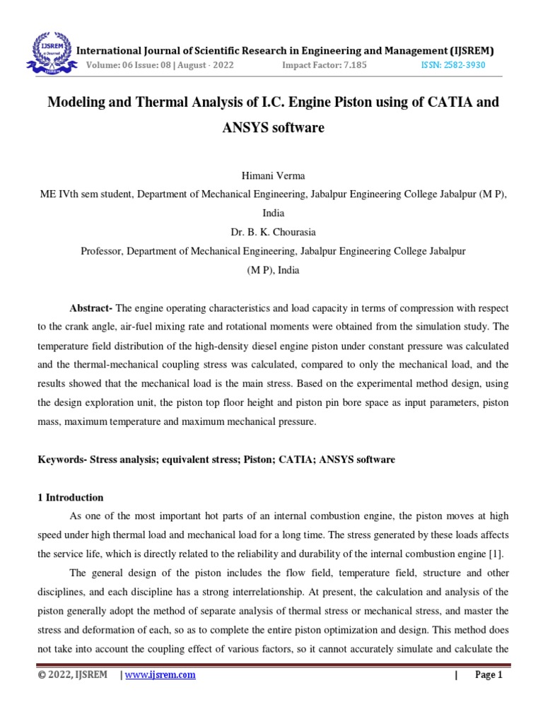 Modeling and Thermal Analysis of I.C. Engine Piston Using of CATIA and ANSYS Software | PDF