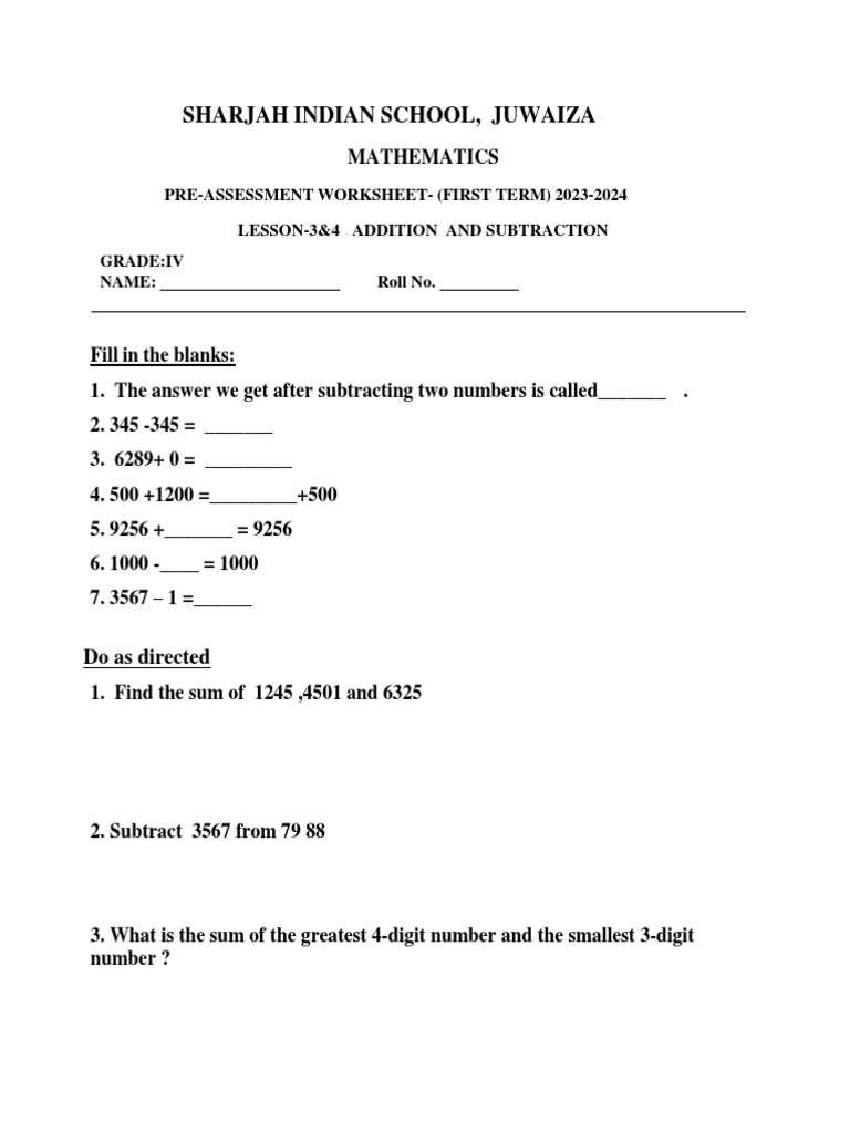 Gr-4 Lesson-3 &4 Addition and Subtraction Pre-Assessment Worksheet.pdf ...