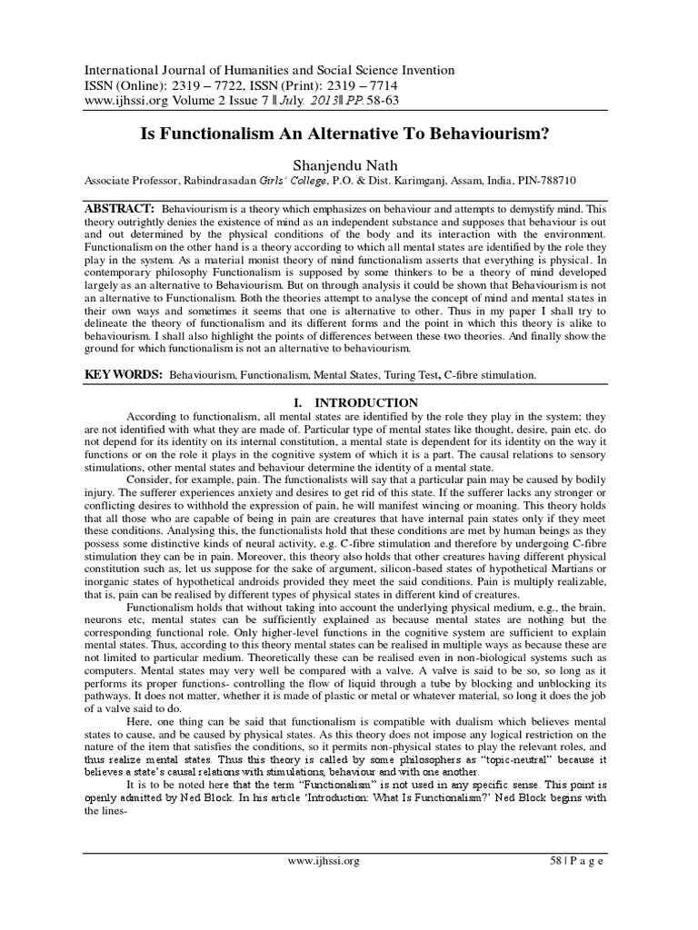 Is Functionalism An Alternative To Behaviorism PDF | PDF