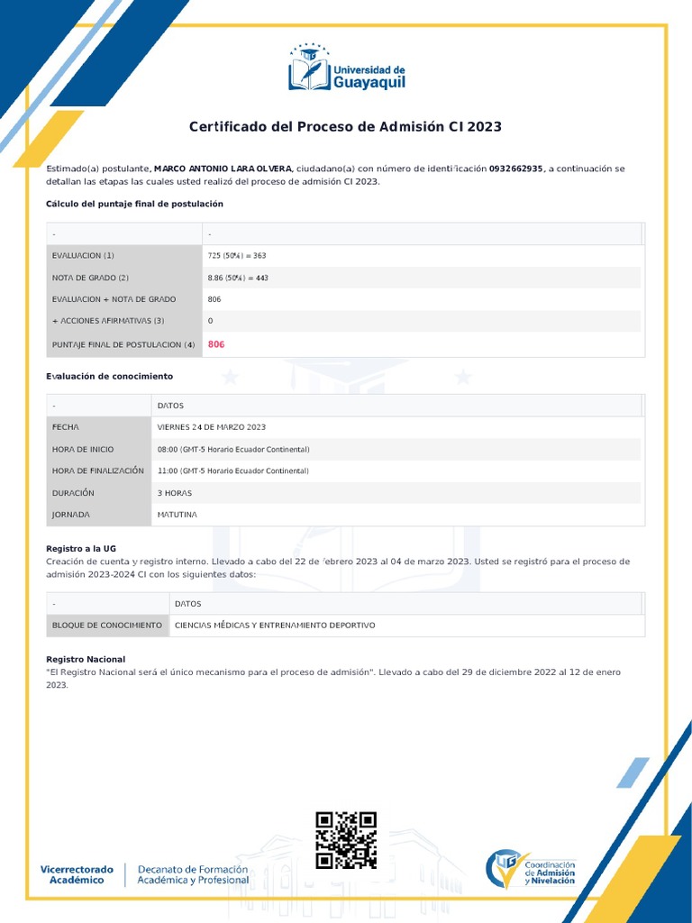 Certificado Del Proceso de Admisión CI 2023 PDF | PDF