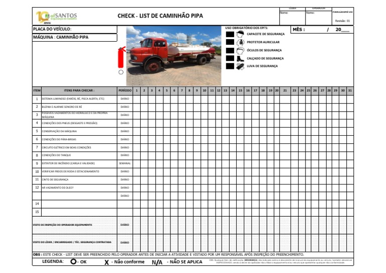 Checklist diário de caminhão pipa para inspeção de itens de segurança | PDF