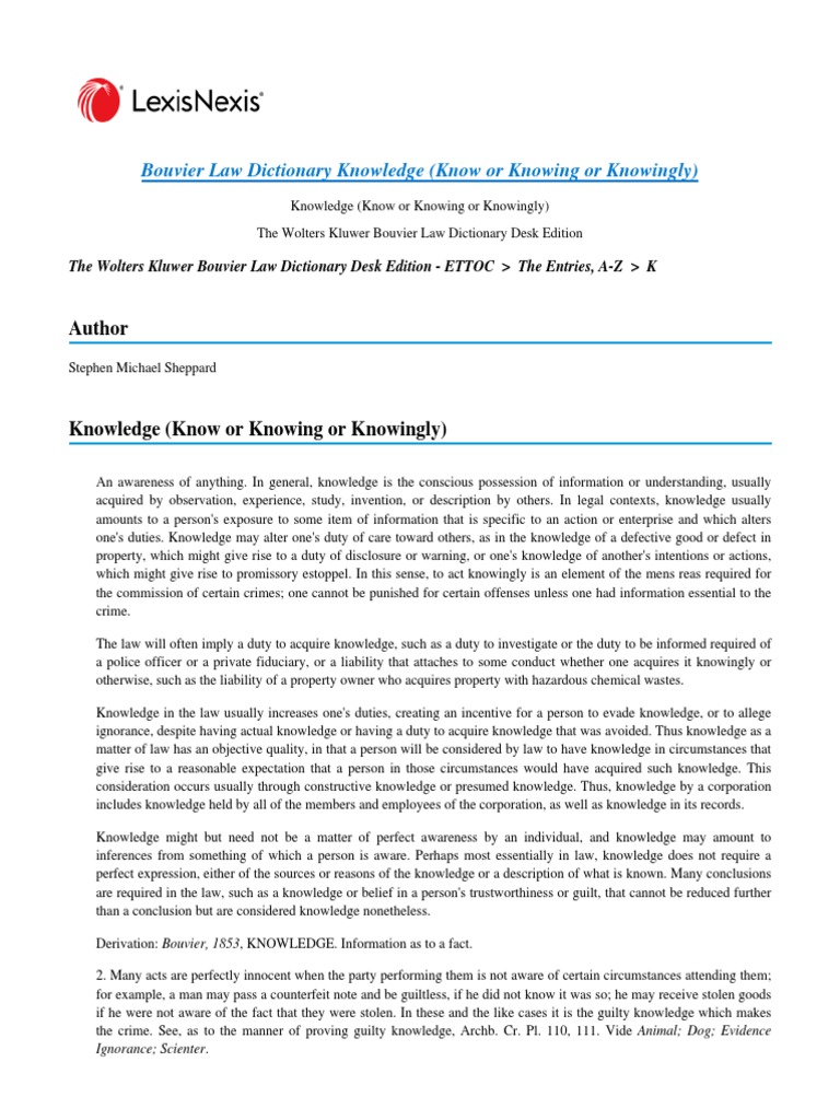 Bouvier Law Dictionary Knowledge (Know or Knowing or KN | PDF