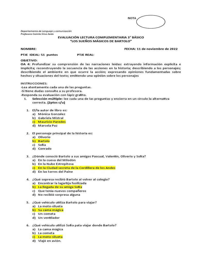 Corrección Evaluación Sumativa Los Sueños Mágicos De Bartolo Tercero